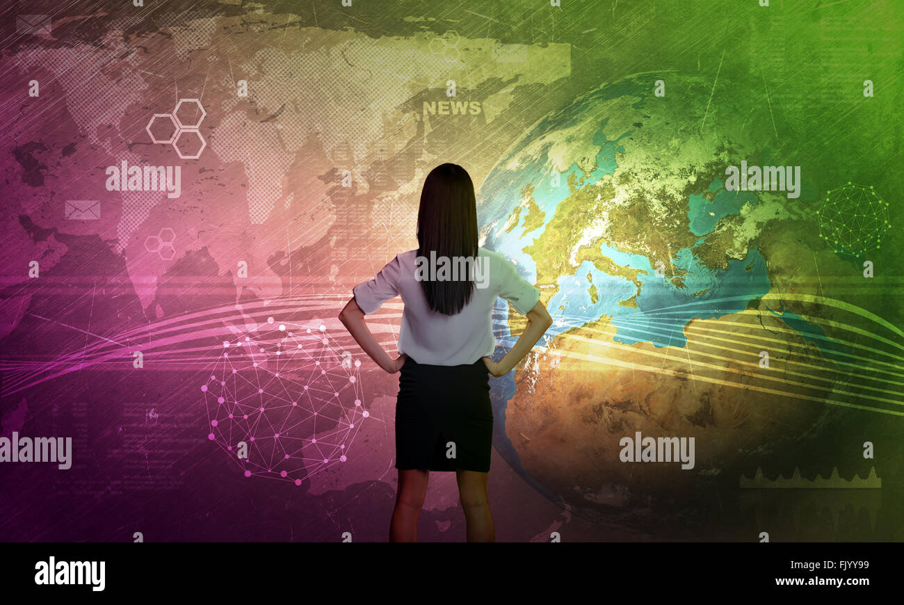 Businesswoman in front of world map Stock Photo - Alamy