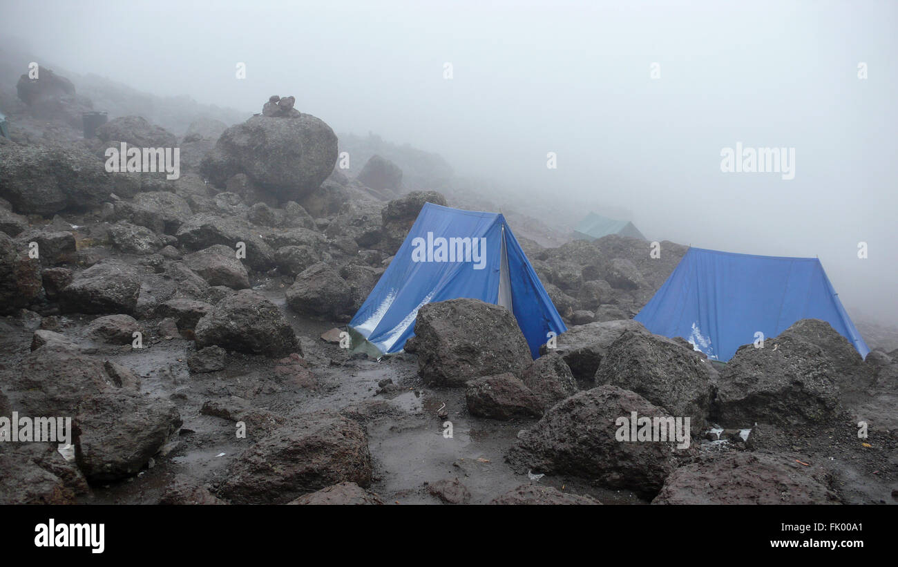 Two blue tents set up amongst large lava rocks at Barafu Hut campsite ...