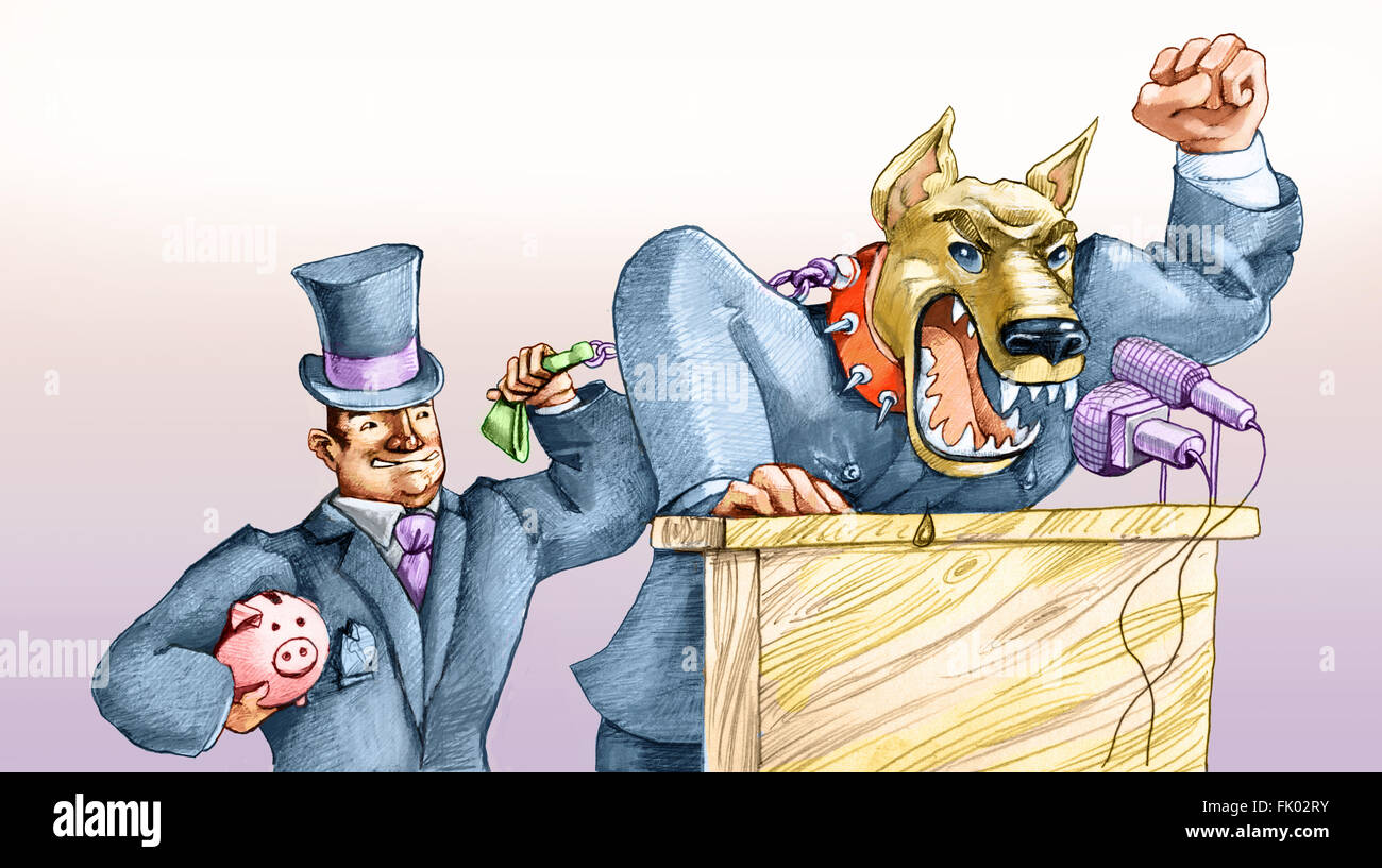 A political growls like a dog on a leash by a capitalist moneybags ...