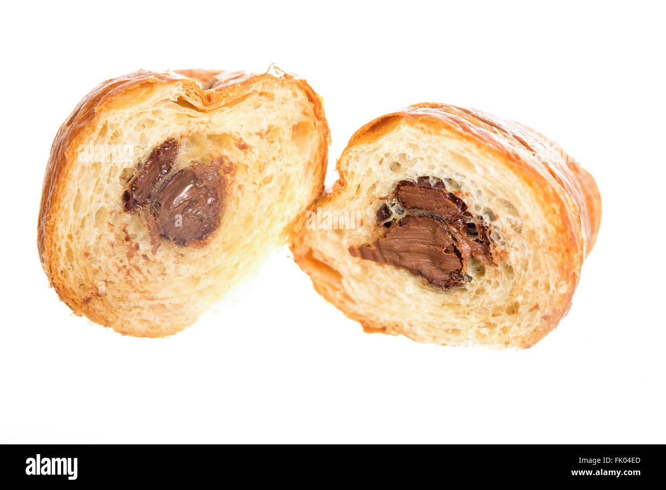 One fresh and tasty croissant with chocolate on plate isolated on white ...