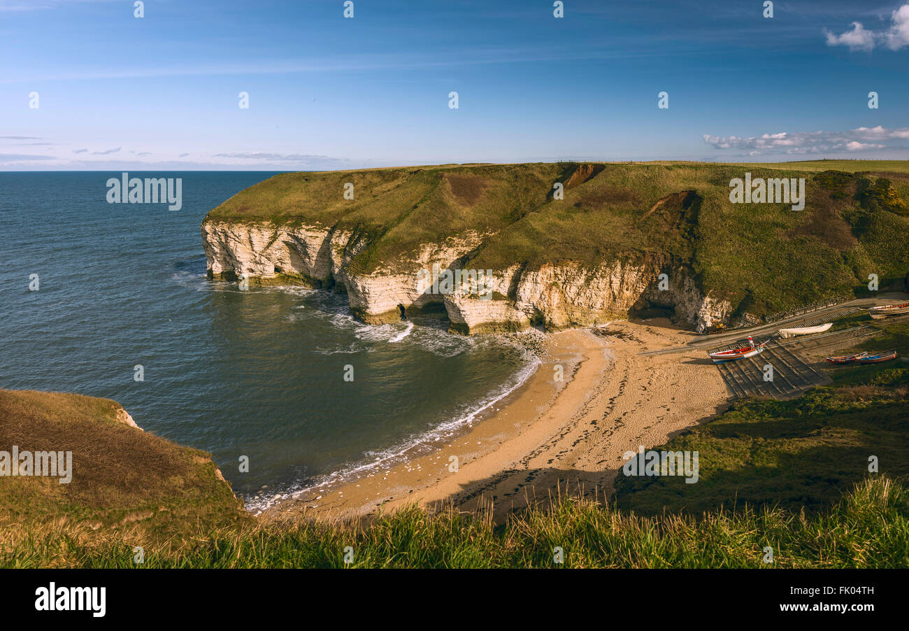 North Landing with view of sandy beach and high chalk cliffs, lifeboat ...