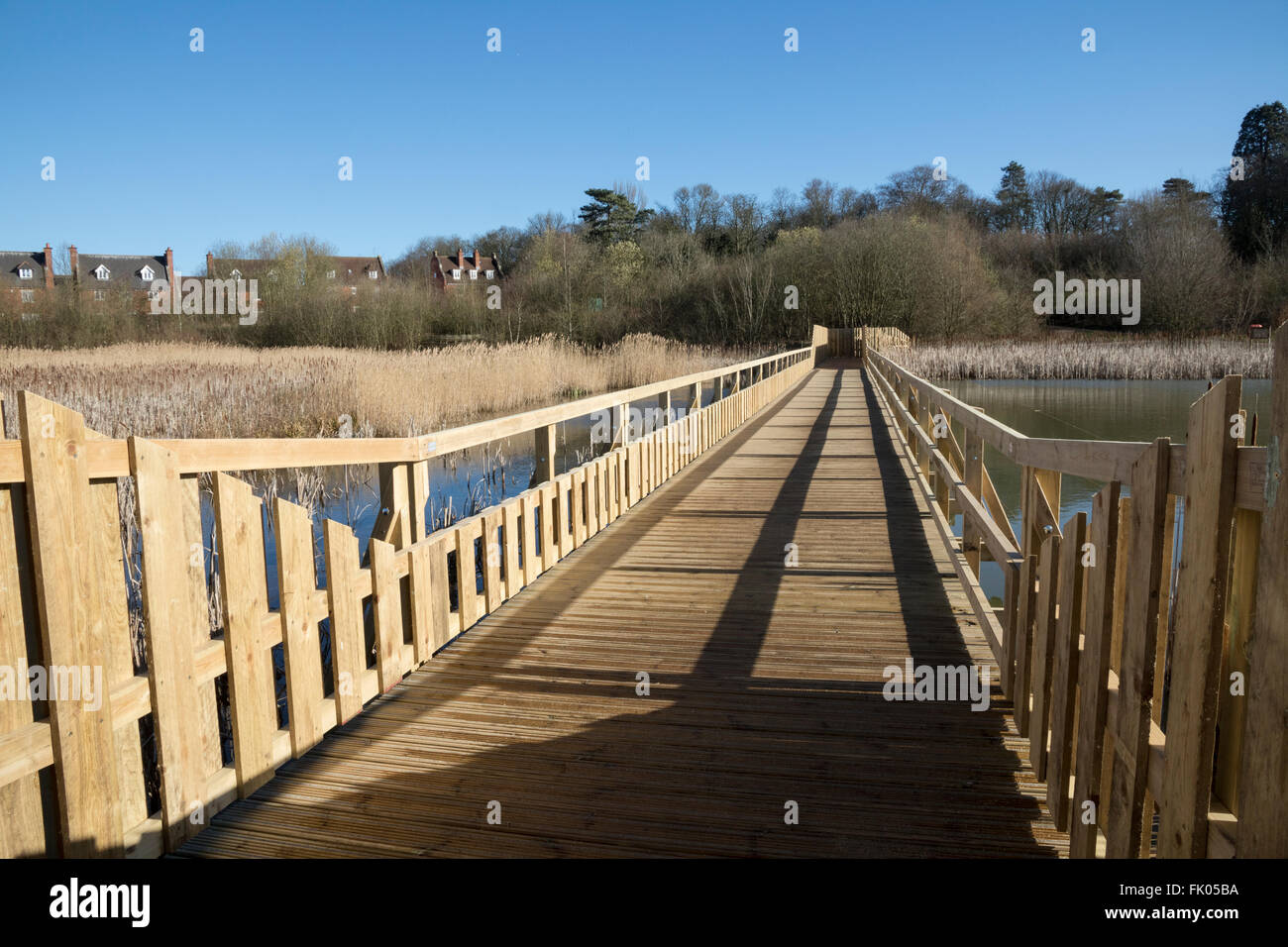 New wooden pedestrian access bridge over wetland nature reserve Stock ...