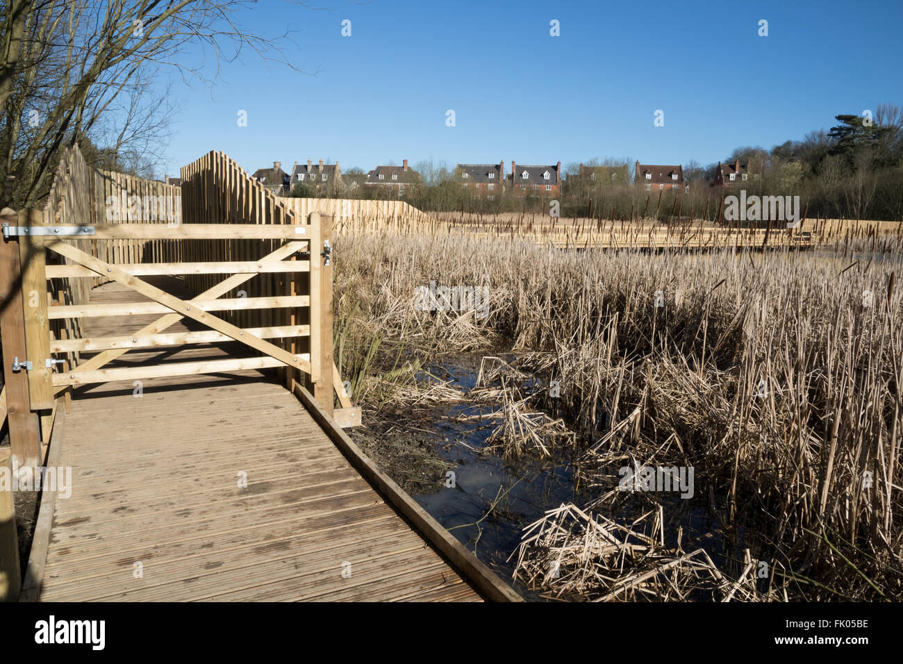 Gate to new wooden pedestrian access bridge over wetland nature reserve ...