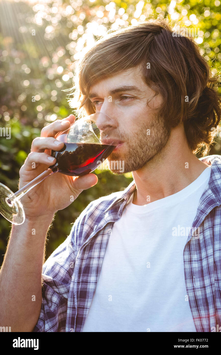 Serious man drinking red wine Stock Photo - Alamy