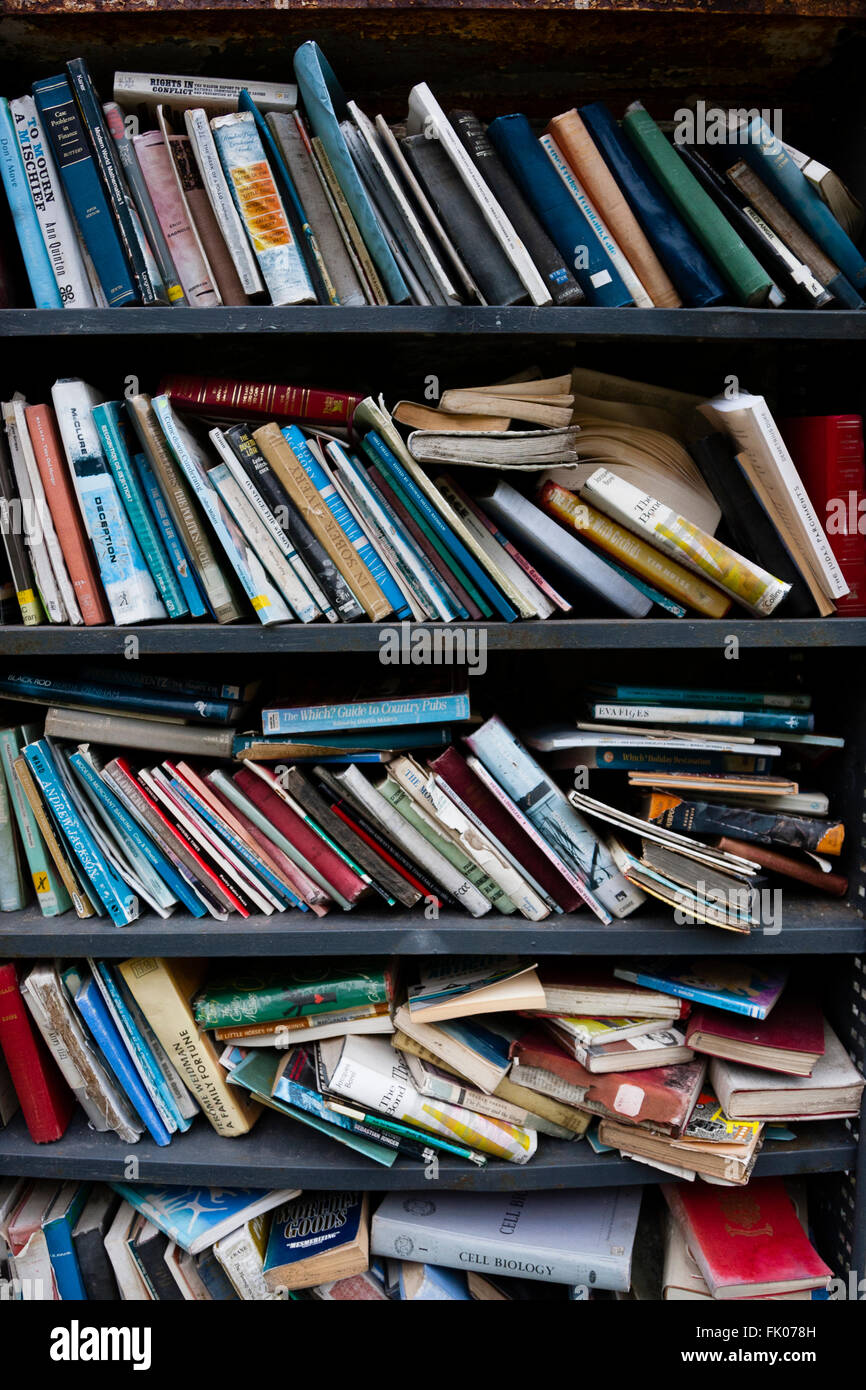 Hay-on-Wye, Wales, UK. Books for sale on shelf at unmanned book stall ...