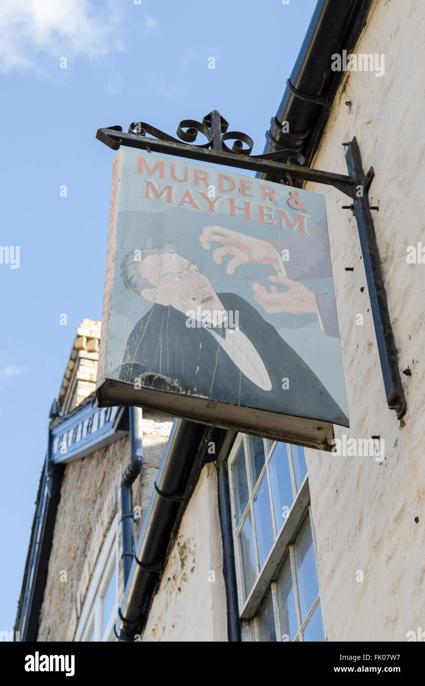 Sign for Murder and Mayhem bookshop in Hay-on-Wye Stock Photo - Alamy
