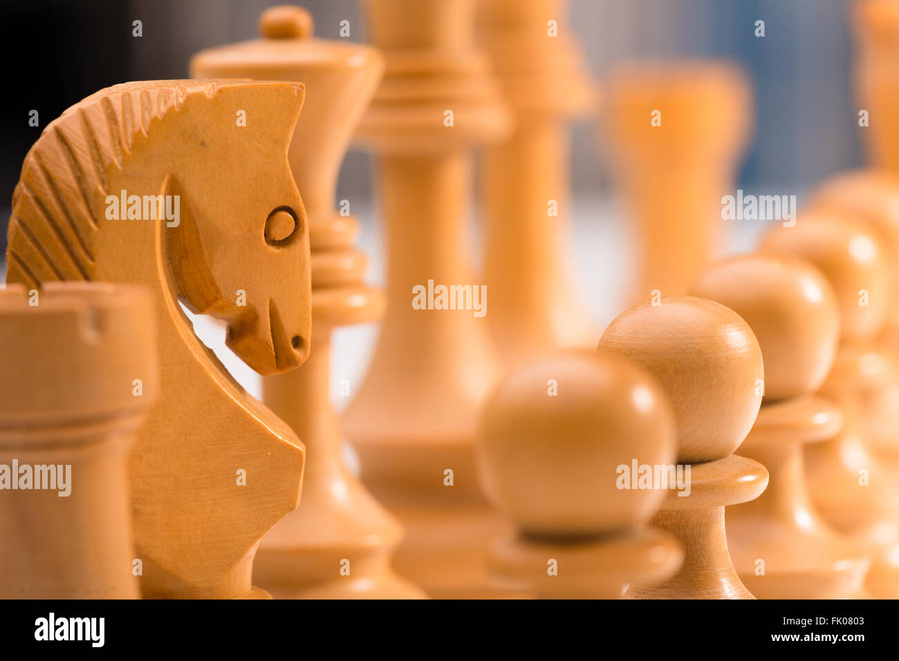Close up chess pieces with focus on white knight Stock Photo - Alamy