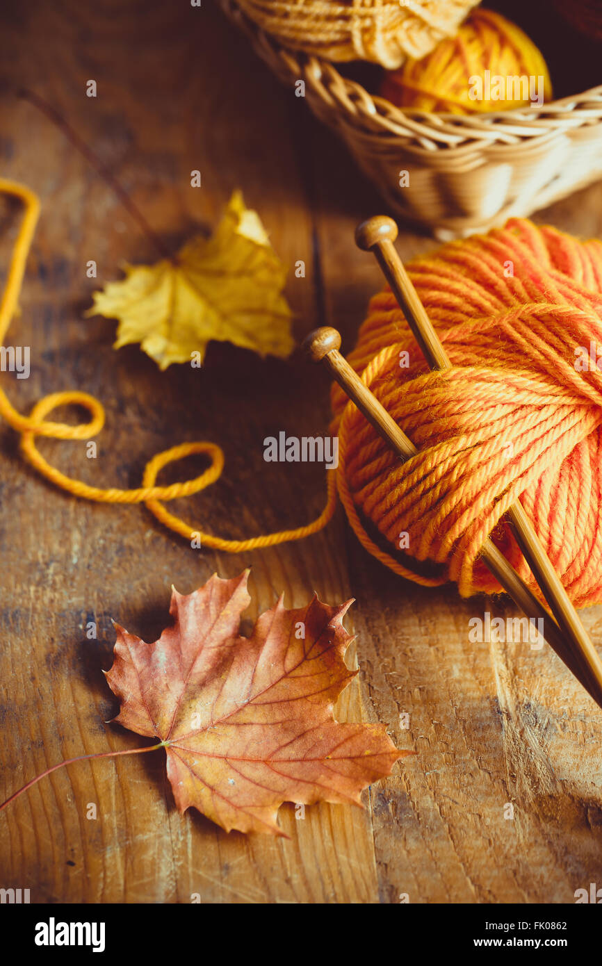 Autumn Knitting, knitting needles and yarn in autumn colors Stock Photo ...