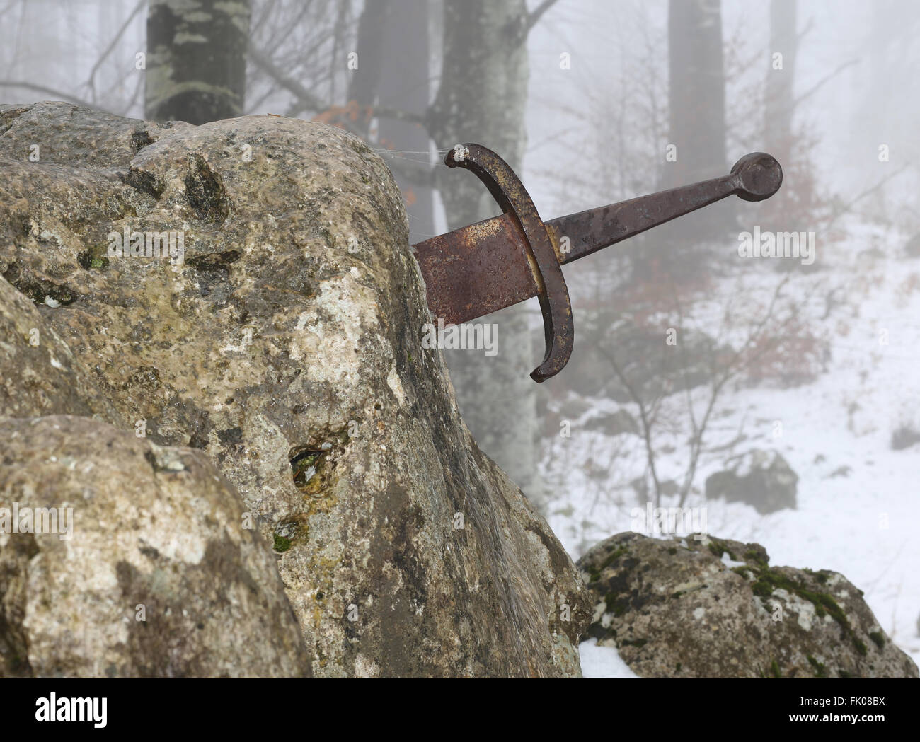 legendary Excalibur sword into the stone in the middle of the forest in ...