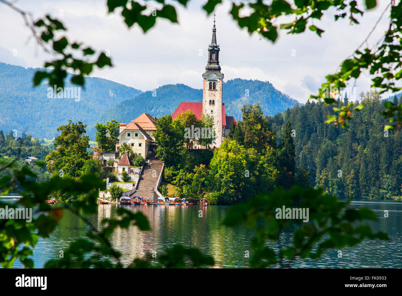 Bled with lake, island and mountains in background, Slovenia, Europe ...