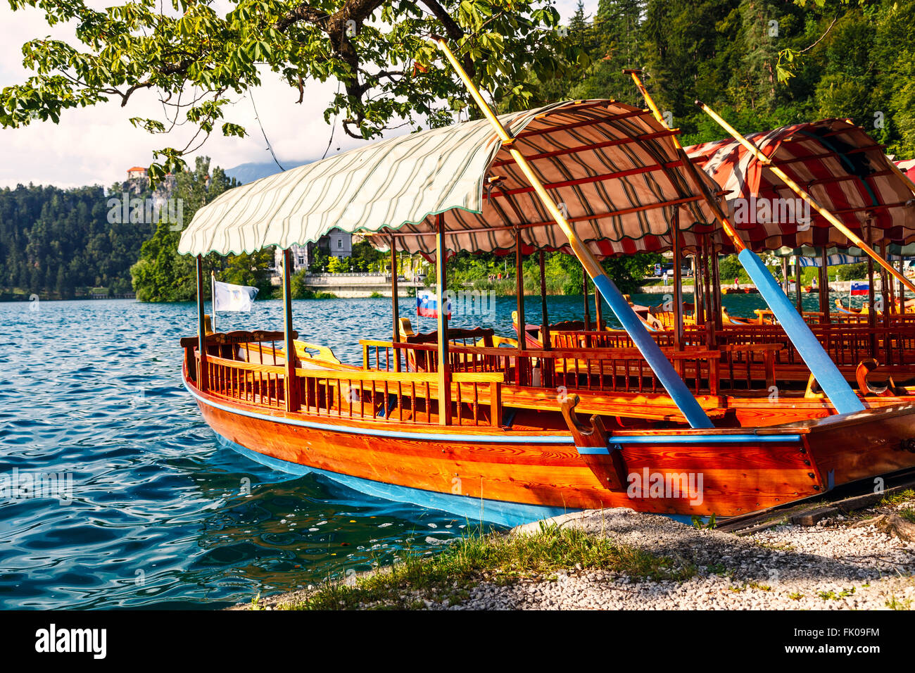 Traditional wooden boats Pletna on lake Bled, Slovenia-Europe Stock ...