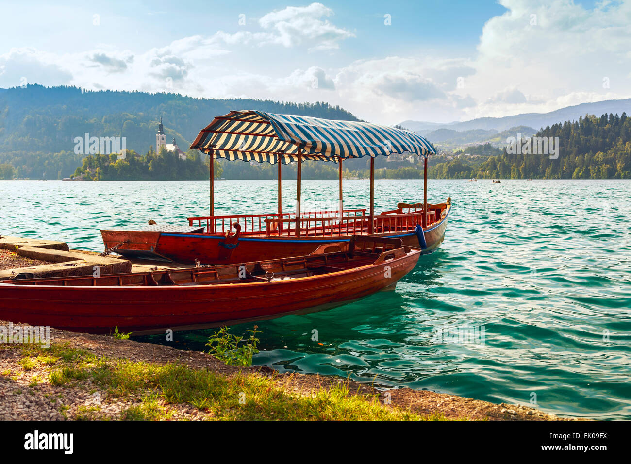 Traditional wooden boats Pletna on lake Bled, Slovenia-Europe Stock ...