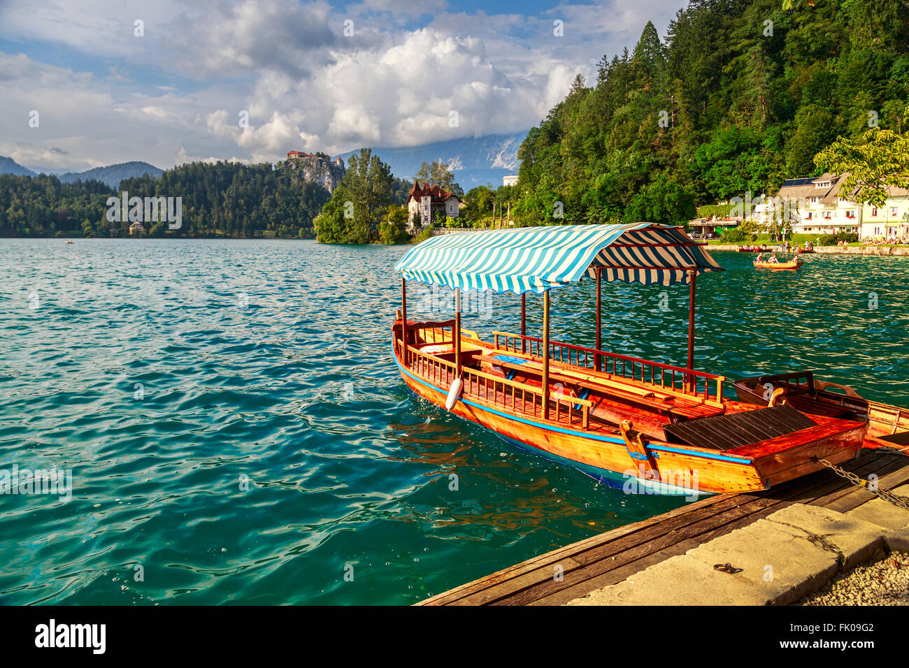 Traditional wooden boats Pletna on lake Bled, Slovenia-Europe Stock ...