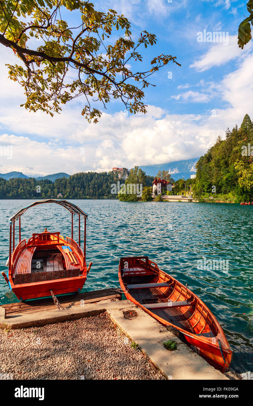 Traditional wooden boats Pletna on lake Bled, Slovenia-Europe Stock ...