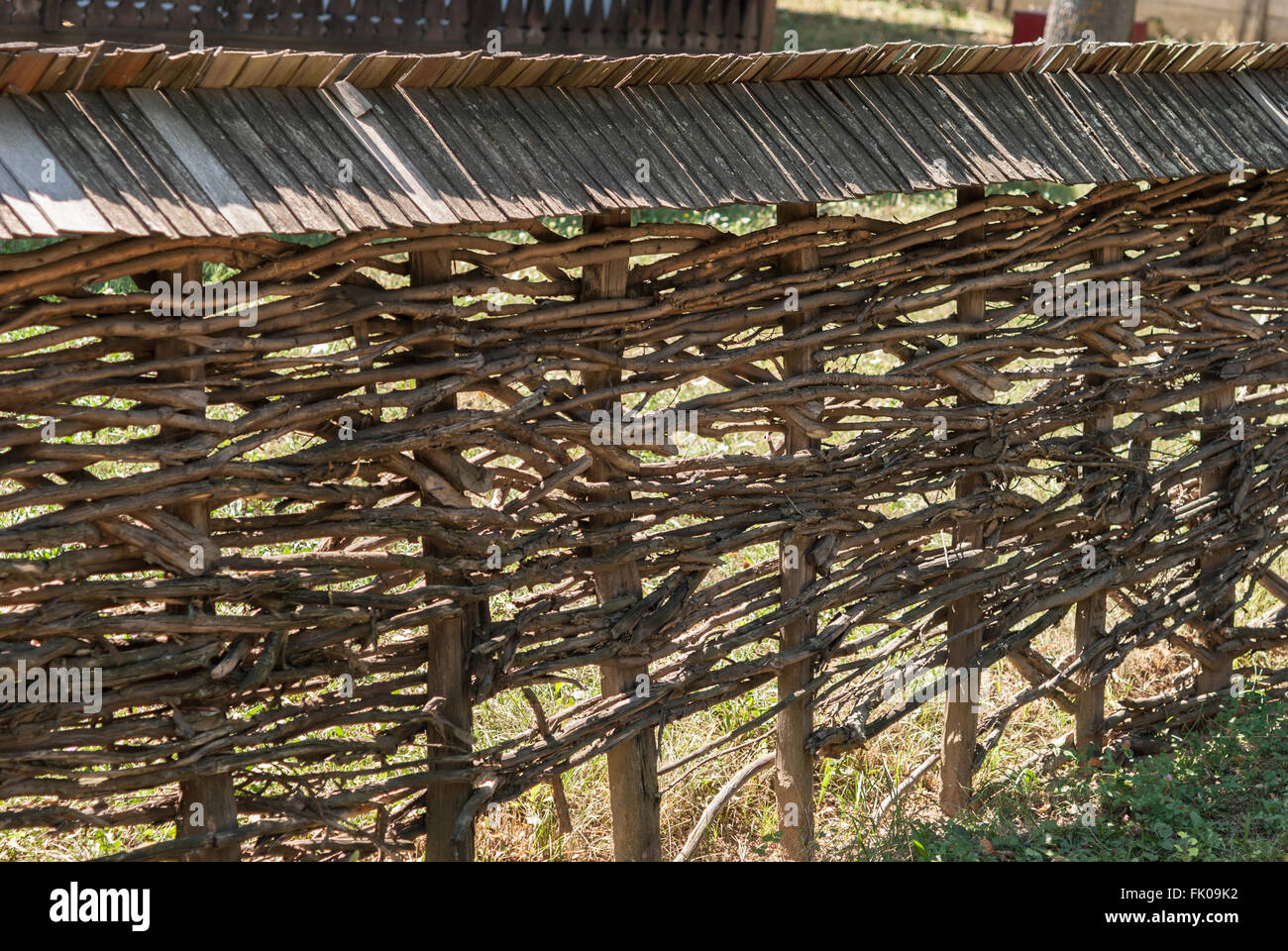 Elements of old wicker fence closeup. Dimitrie Gusti National Village ...