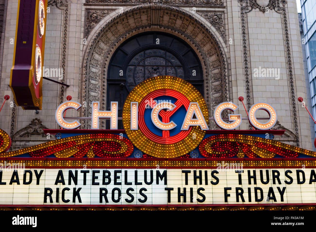 Chicago, Illinois, USA. Large illuminated Chicago sign on front of ...