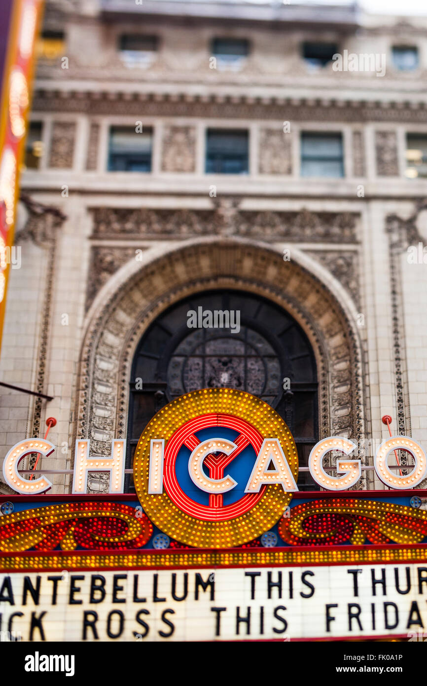 Chicago, Illinois, USA. Large illuminated Chicago sign on front of ...