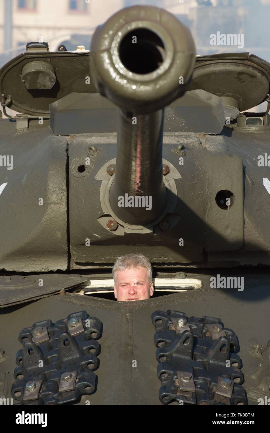 Dresden, Germany. 4th Mar, 2016. Tank driver Josef Rendl in the battle ...