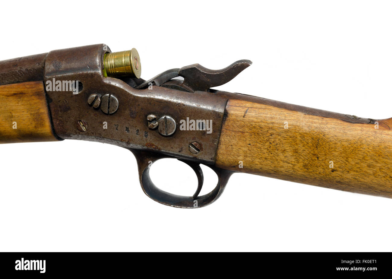 Close-up from left of a old rifle loaded with a shell, photo from the ...
