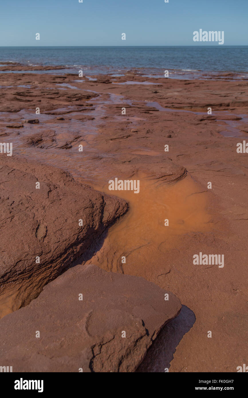 A vertical photo of layers of orange rock with pools of water and the ...