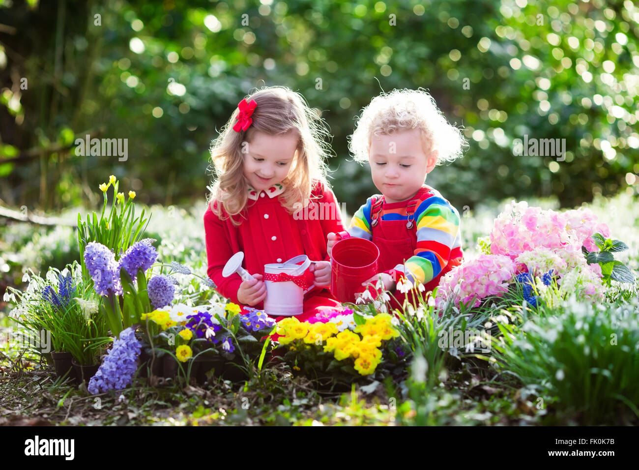 Children planting spring flowers in sunny garden. Little boy and girl ...