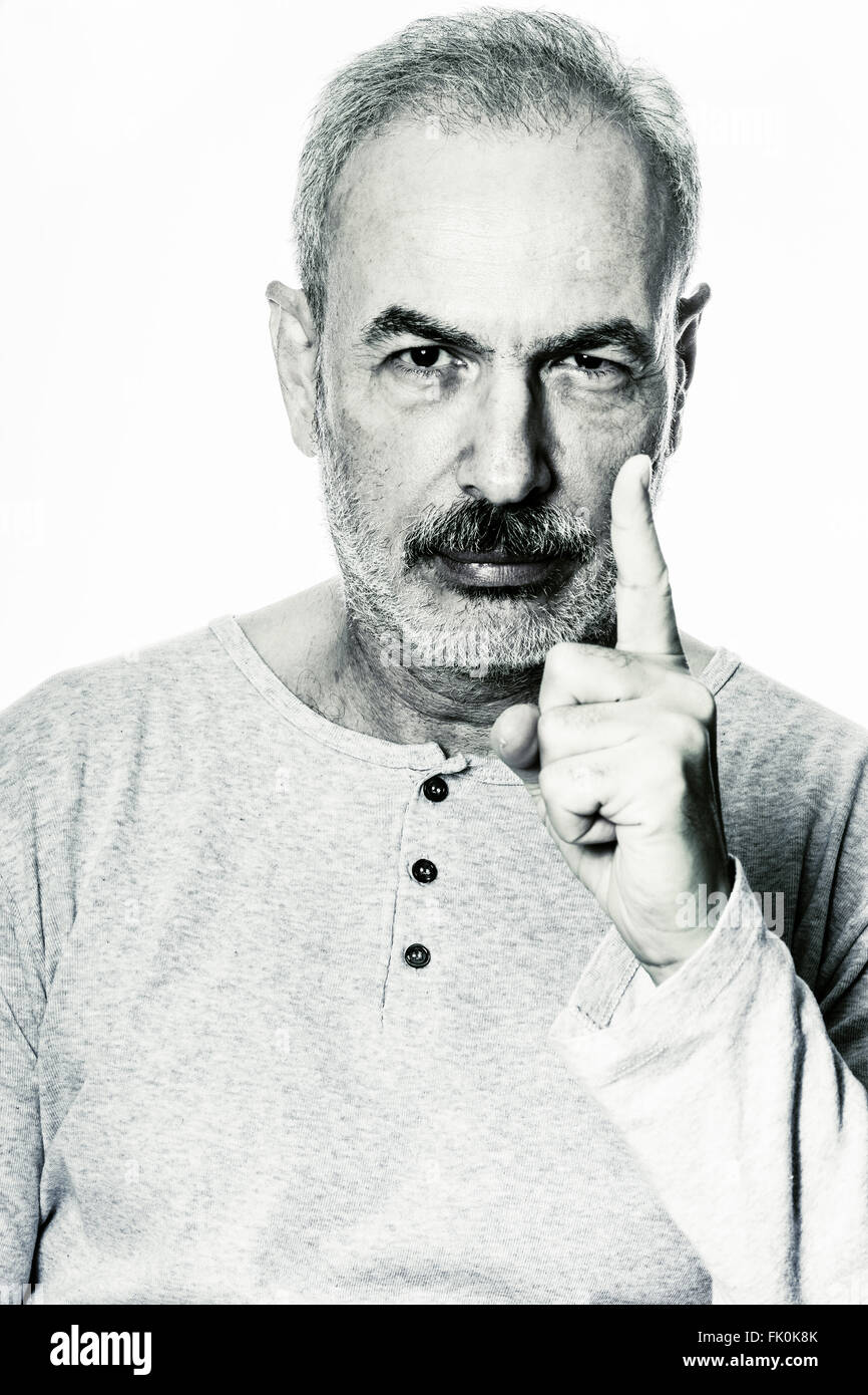 Angry Old Man Pointing Something on White Background Stock Photo - Alamy