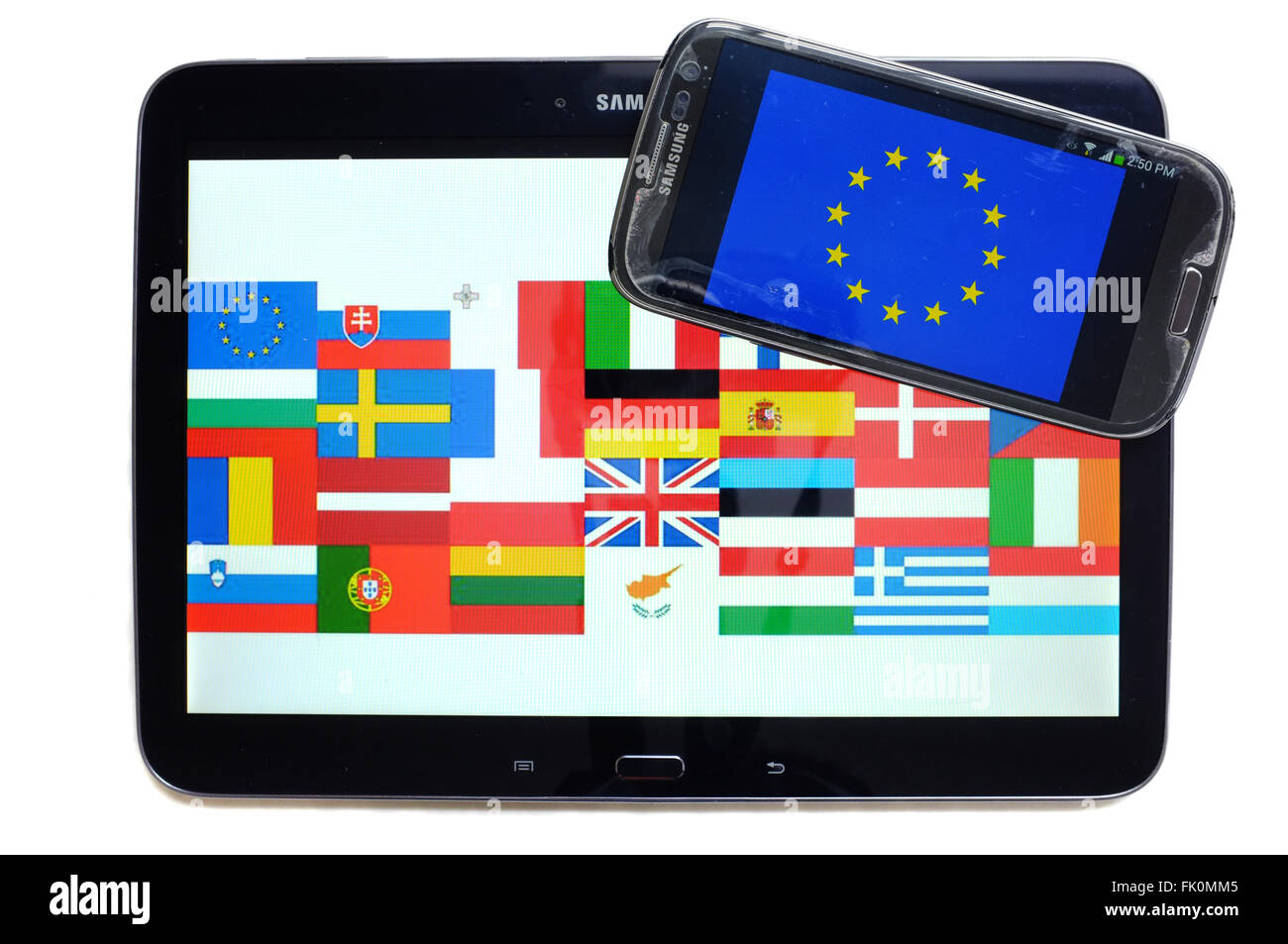 The flags of European countries and the EU displayed on the screens of ...