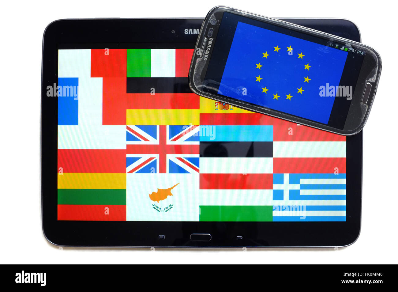 The flags of European countries and the EU displayed on the screens of ...