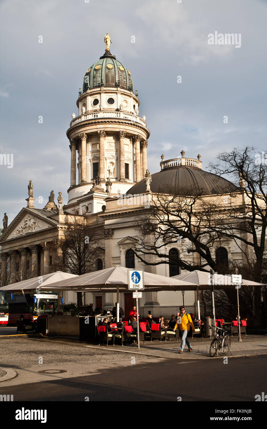 The French Cathedral and outdoor café, Gendarmenmarkt, Berlin, Germany ...