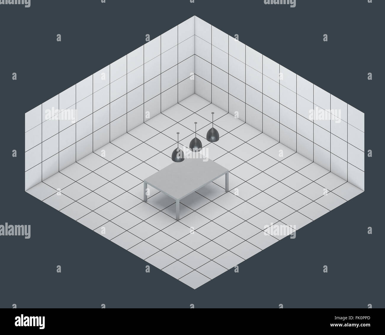 table in empty white room isometric render Stock Photo - Alamy