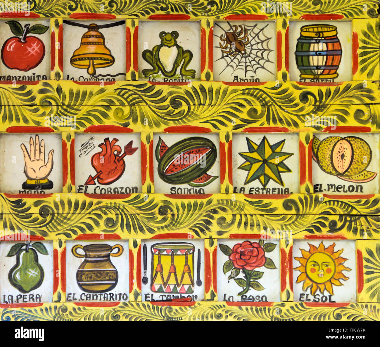 Basic Spanish words with drawings on a wall of a house in Mexico Stock ...