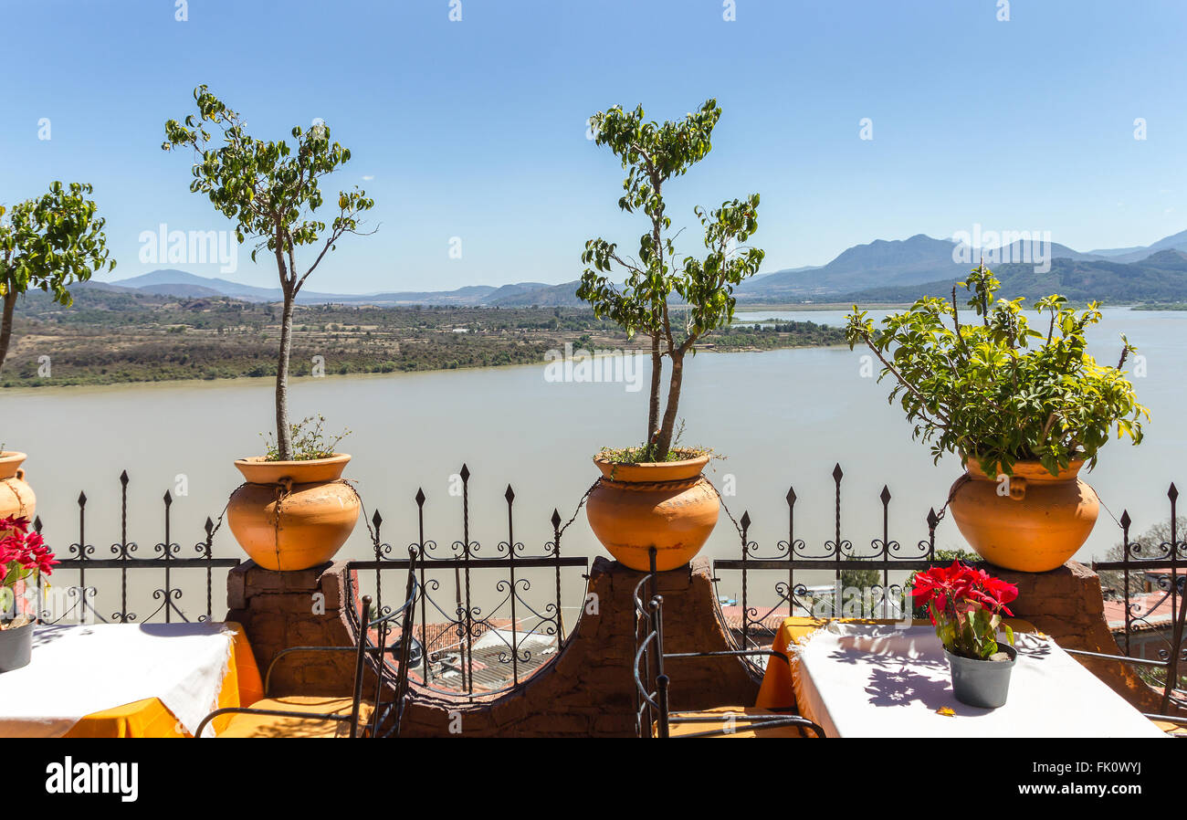 The view of Lake Patzcuaro, Mexico from the balcony of a restaurant in ...