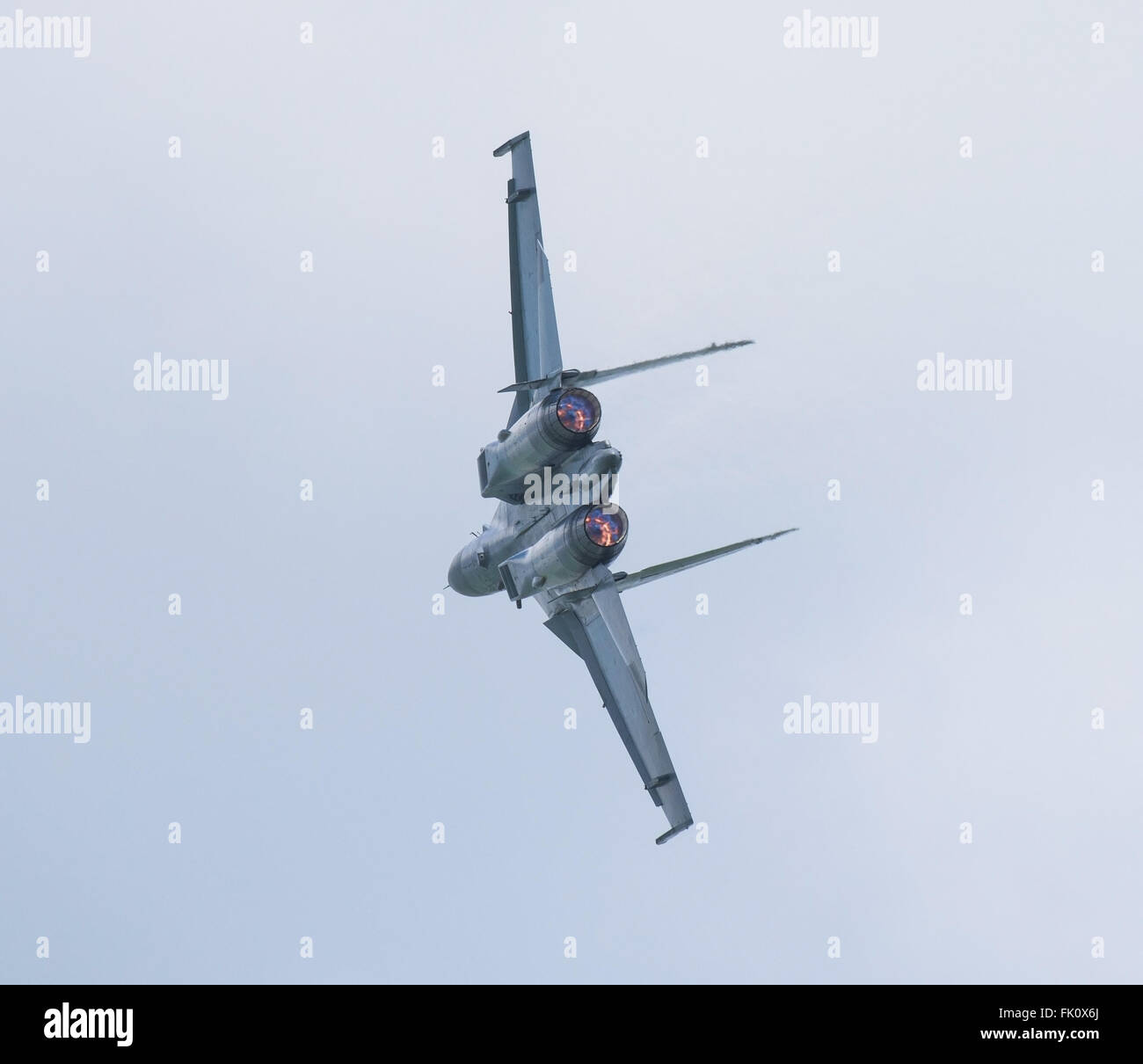 Rear shot of Russian, twin engined, supersonic jet fighter during an ...