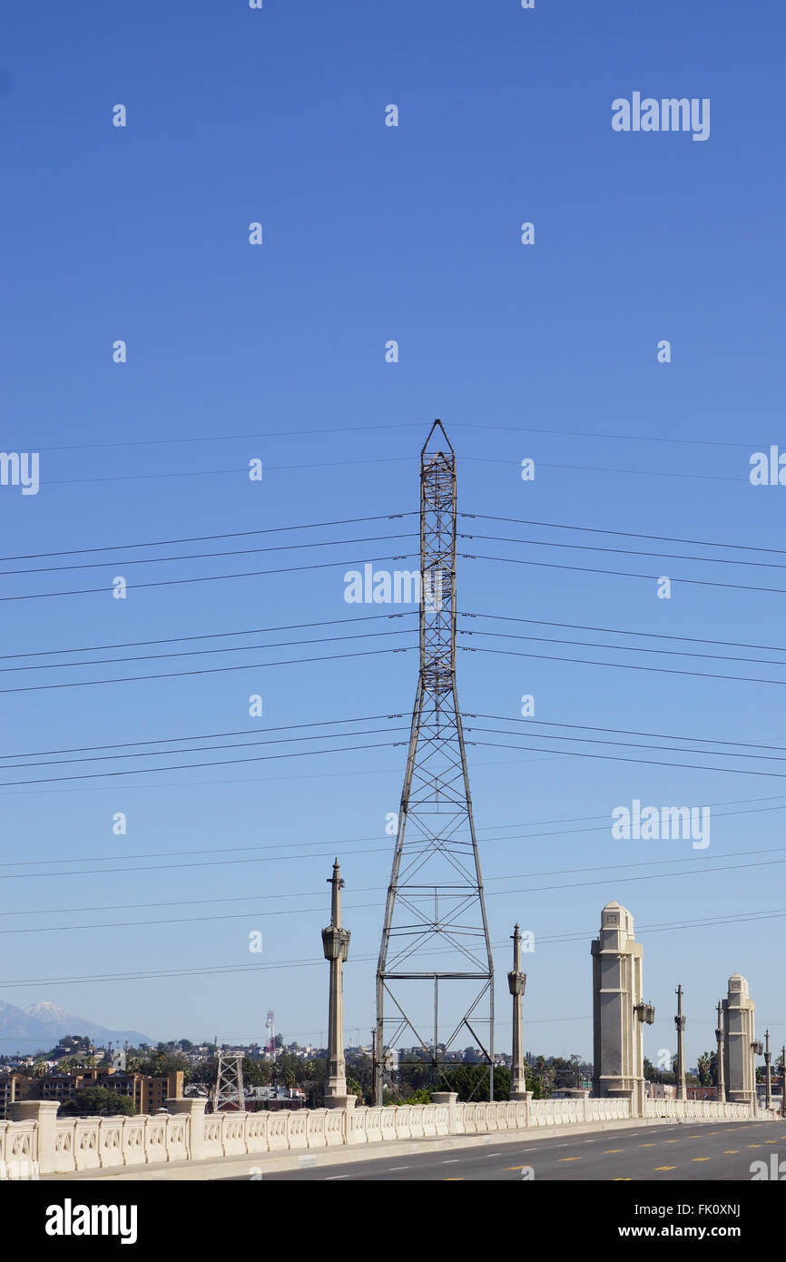 Electrical power tower at downtown Los Angeles city bridge in ...