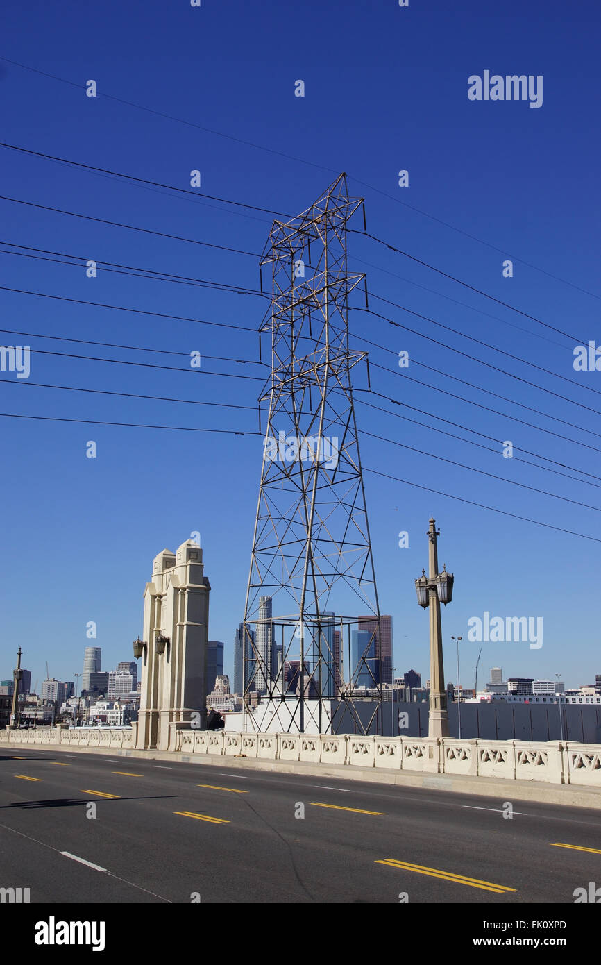 Electrical power tower at downtown Los Angeles city bridge in ...