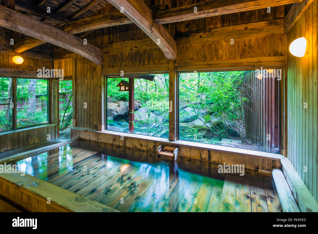 The main mens bath at Katsuraginosato Ryokan with the outdoor rotenburo ...