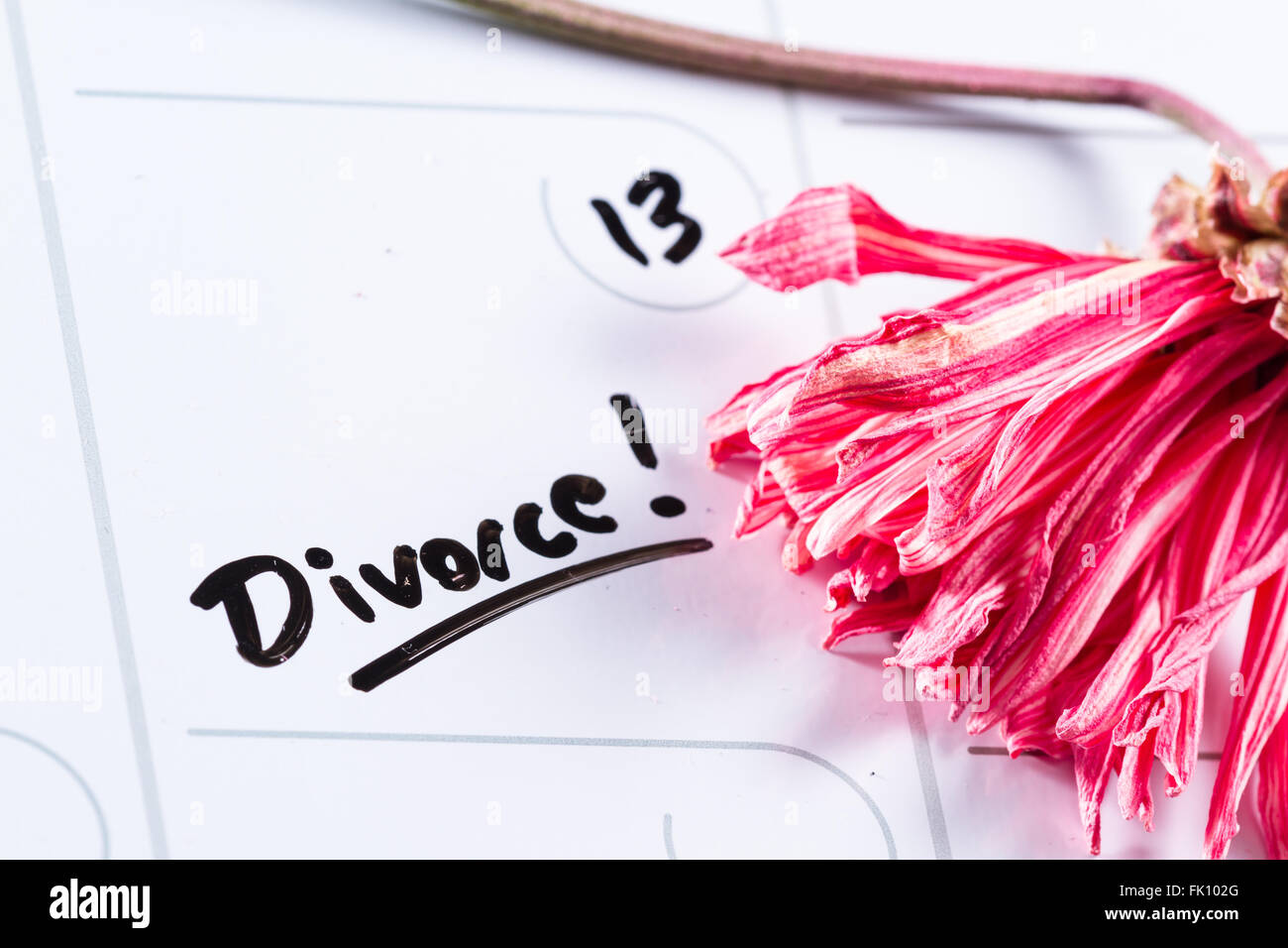 the word divorce hand written on a dry erase calendar with a dead ...