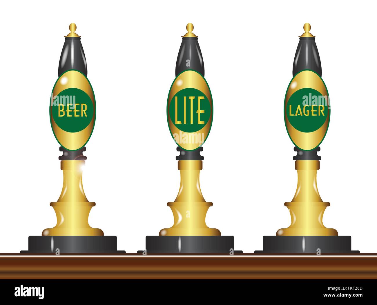 A set of three traditional and typical beer pumps with beer type signs ...