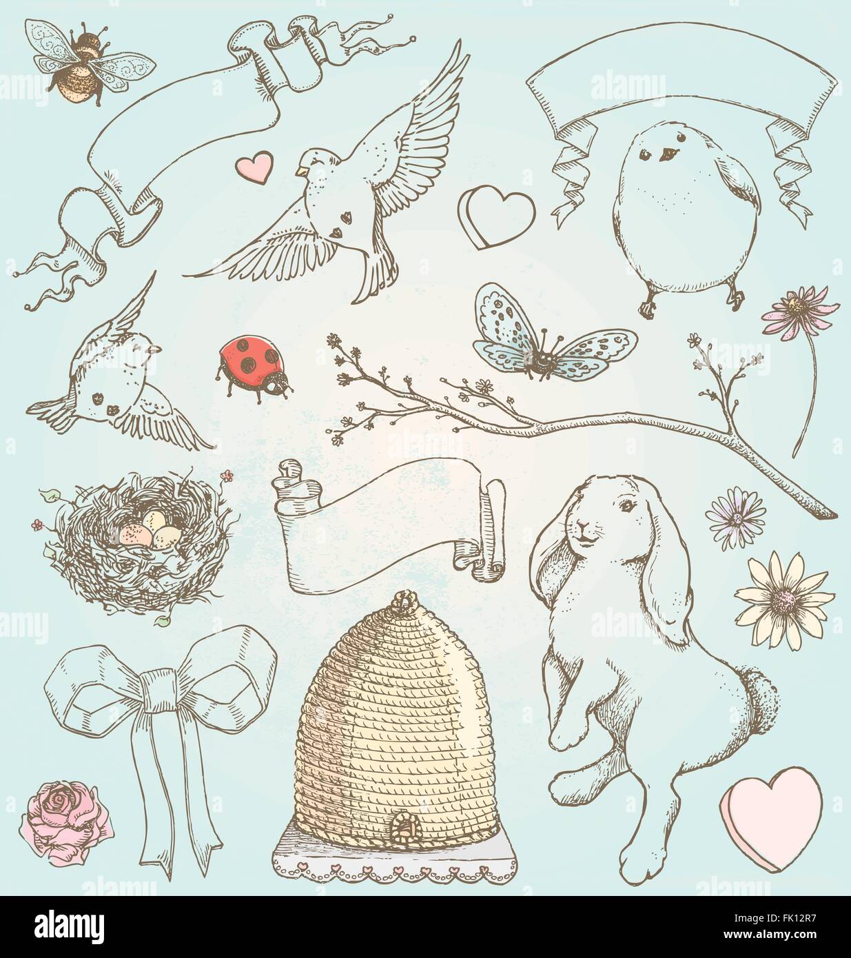 Vintage Hand Drawn Spring Elements Vector Set Stock Vector Image & Art ...