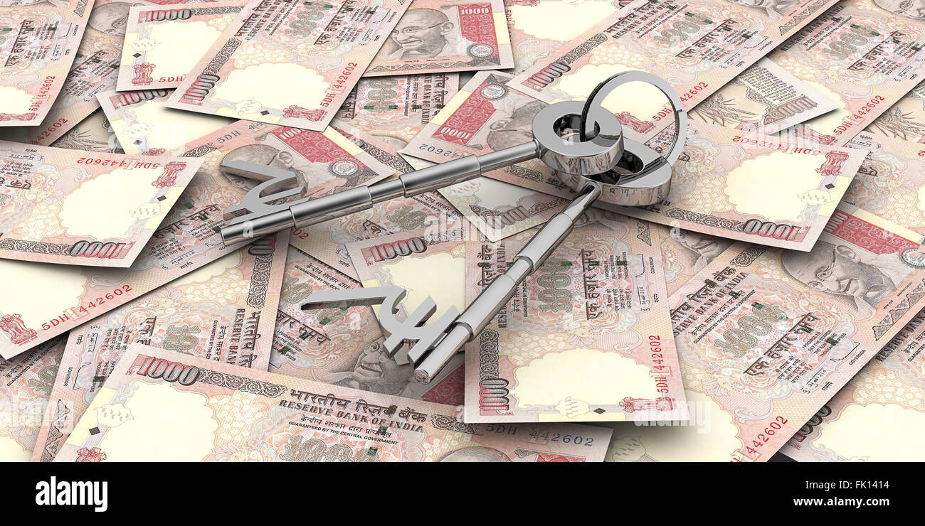Key to Financial Success, Indian Rupee symbol key on Indian bills. High ...