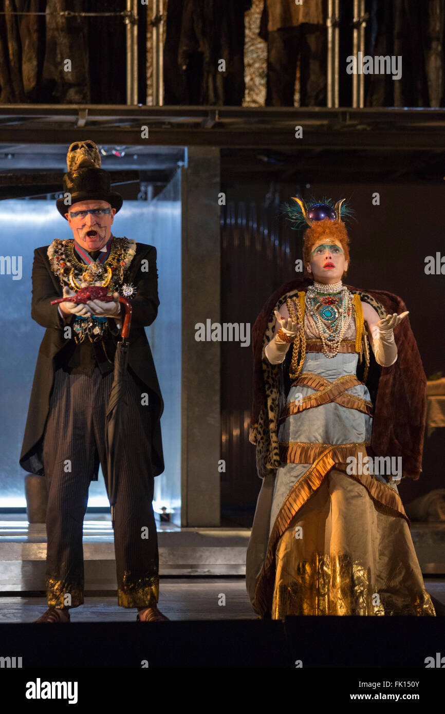 London, UK. 2 March 2016. Clive Bayley as Aye and Rebecca Bottone as ...