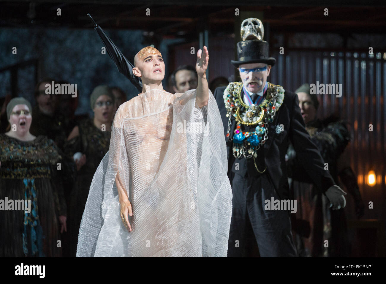 London, UK. 2 March 2016. Anthony Roth Costanzo as Akhnaten and Clive ...