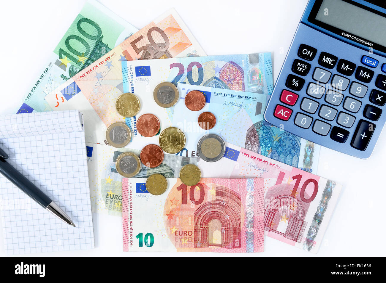 Image of various denominations of banknotes and coins of euro currency ...