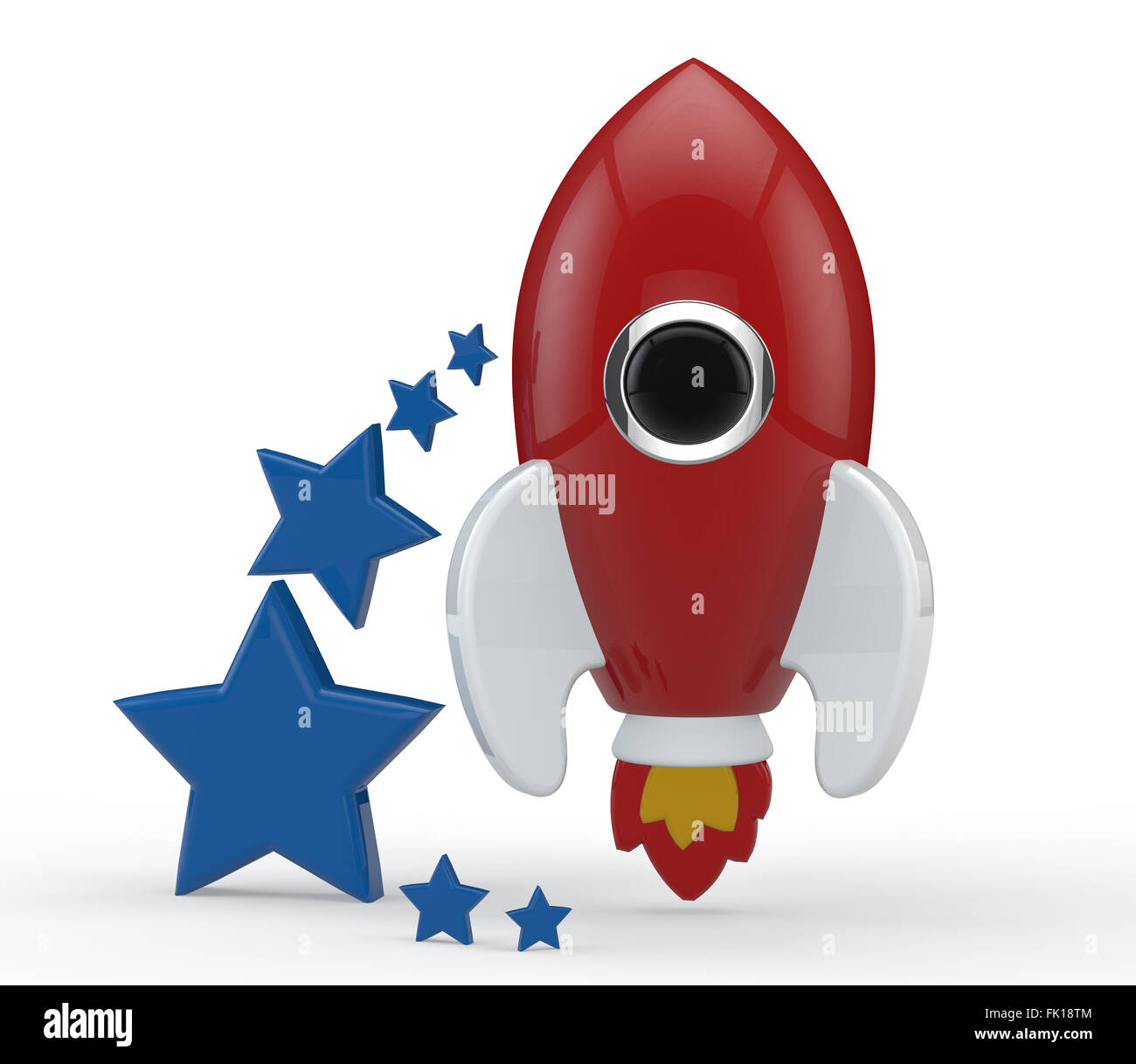 3D render of a symbolic rocket with six blue stars on its left. The ...