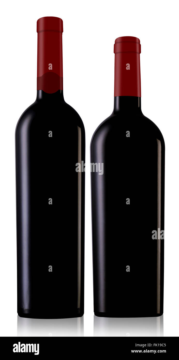 Two red wine bottles with caps and no label isolated on white ...