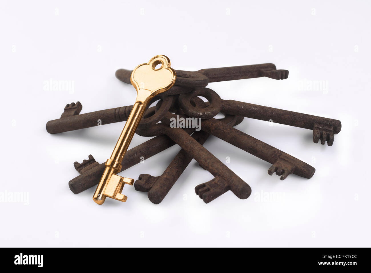 A golden key sitting on a bunch of rusty keys isolated on white ...