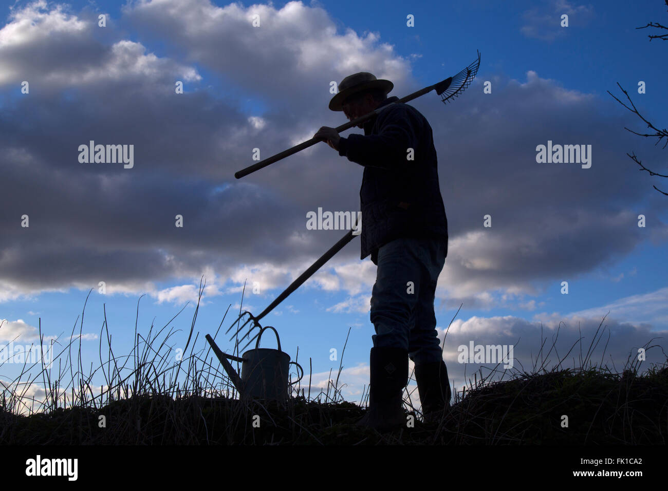 Gardener with tools in silhouette against a blue-sky Stock Photo - Alamy