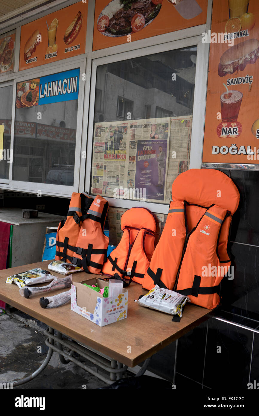 Life vests and rubber rings for sale for refugees from the Middle East ...