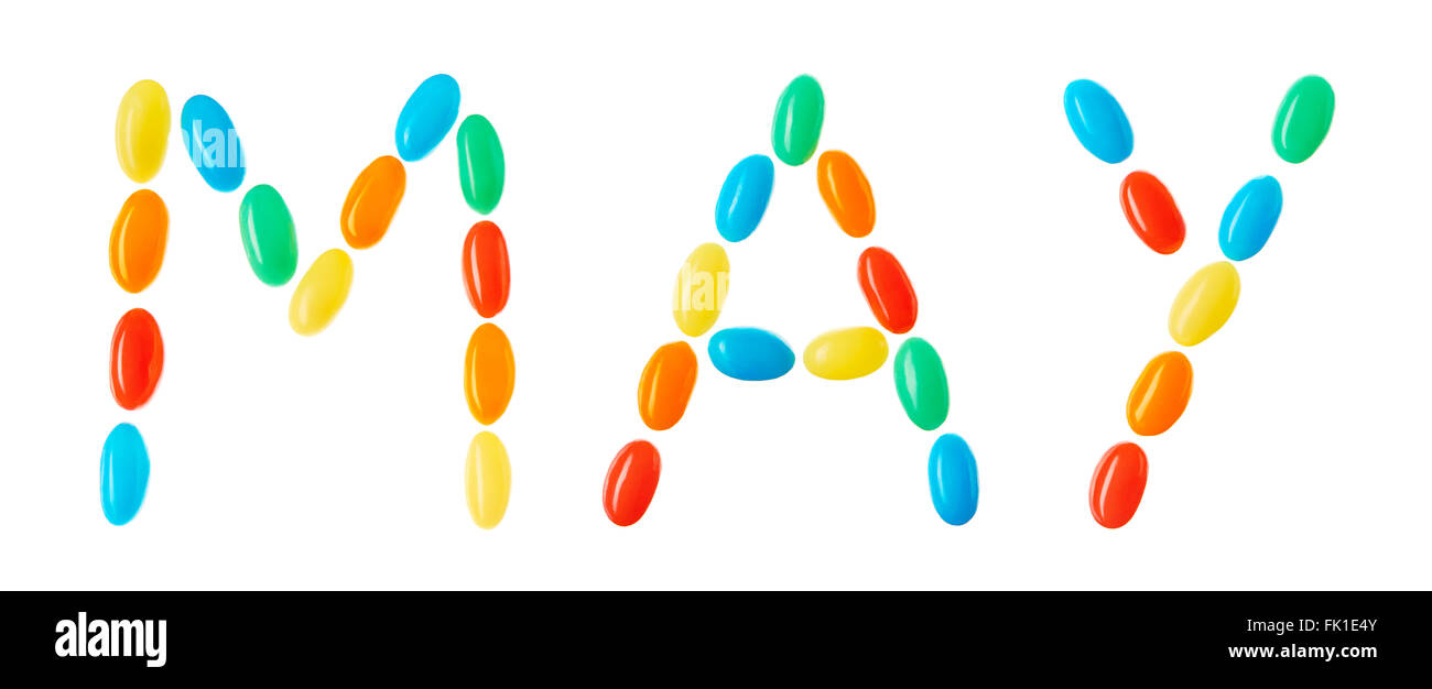 "may" lettering made of multicolored candies isolated on white ...