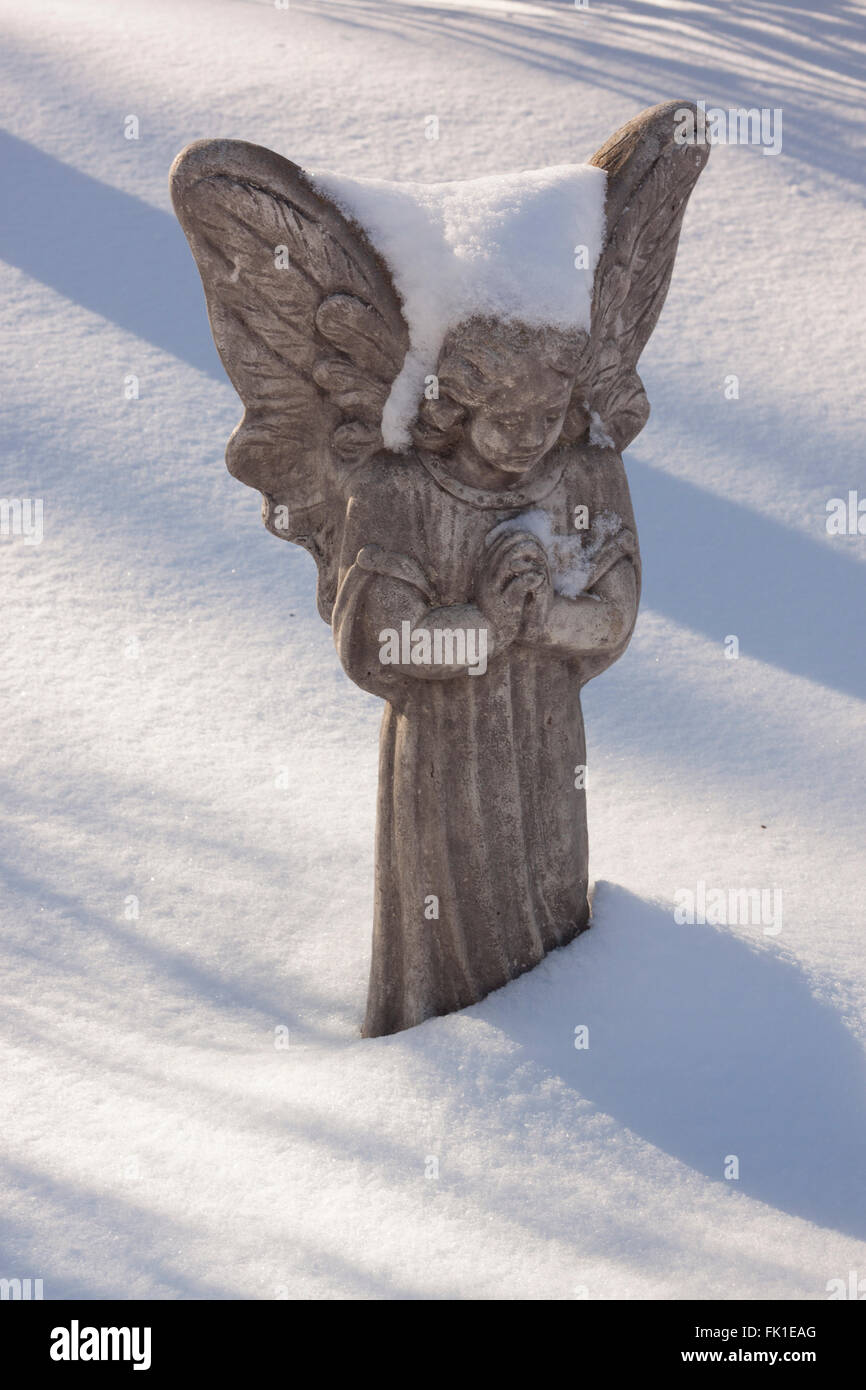 Snowy angel statue in the sunlight Stock Photo - Alamy